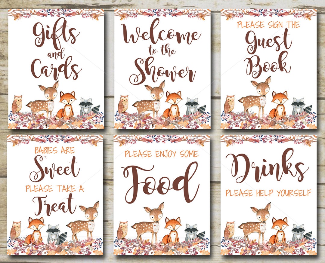 Woodland Baby Shower Signs, 6 Printable Table Signs, Forest Animal Baby ...