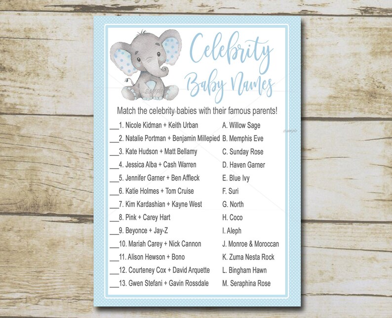 Elephant Baby Shower Game Celebrity Baby Names Game Blue - Etsy
