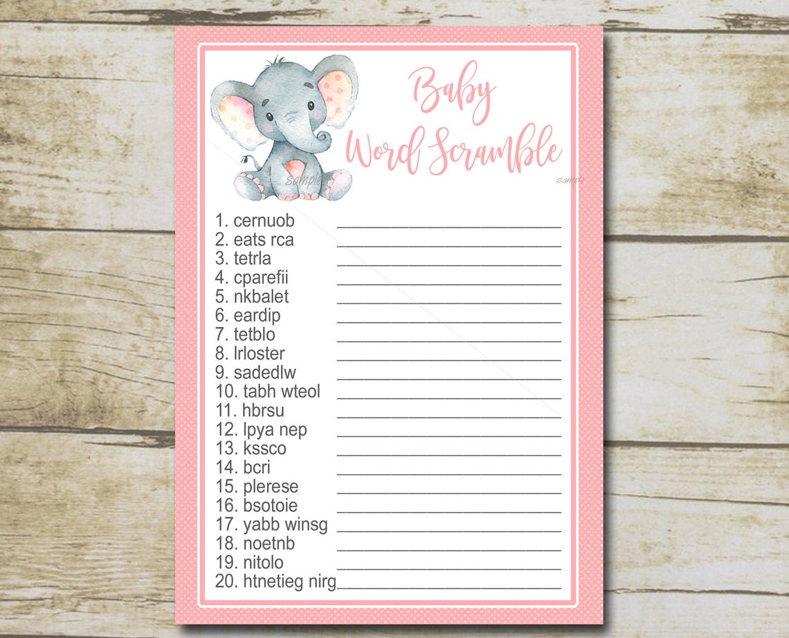 Pink Elephant Baby Shower Game Word Scramble Game Girl - Etsy