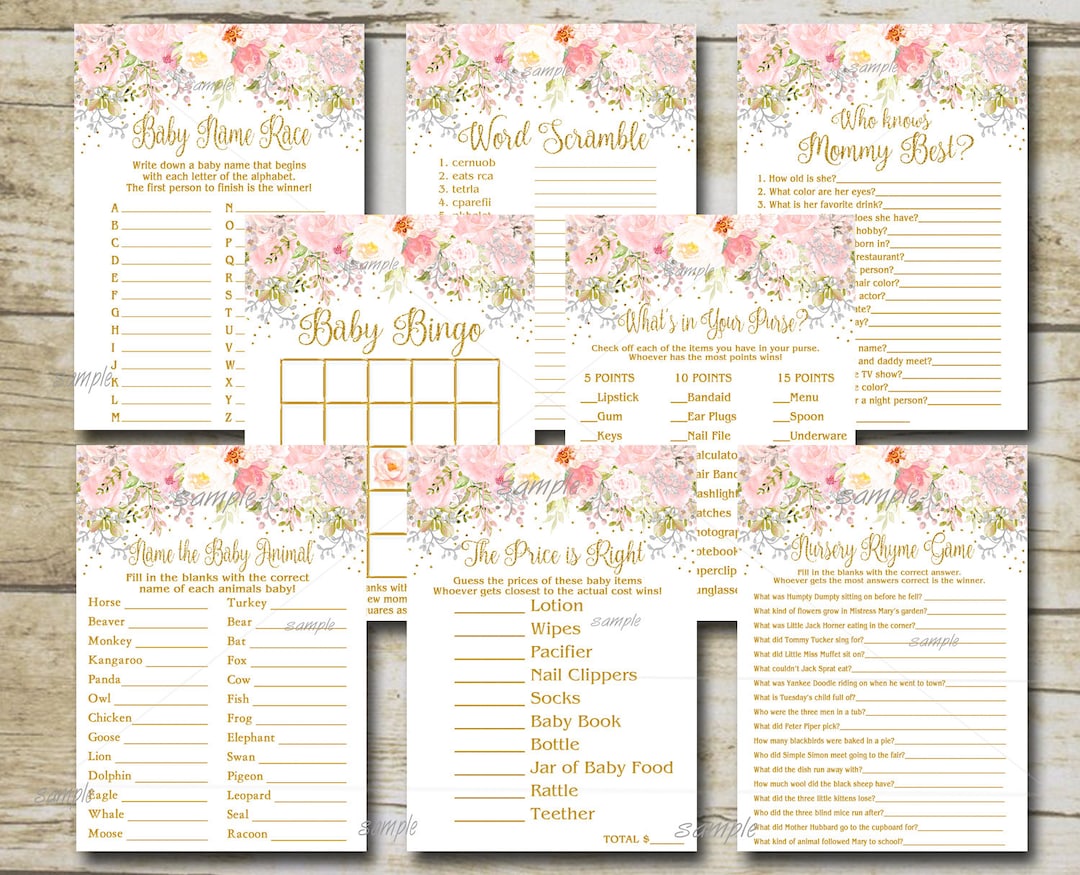 Pink & Gold Baby Shower Game Package, 8 Printable Games, Girl Floral ...
