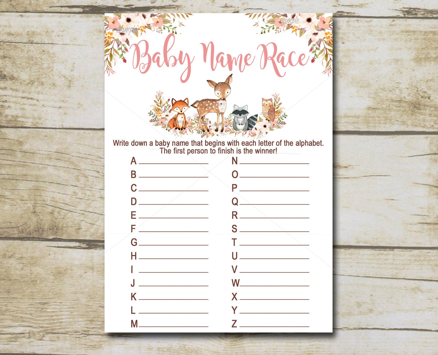 Girl Woodland Baby Shower Game, Baby Names Race Game, Boho Pink ...