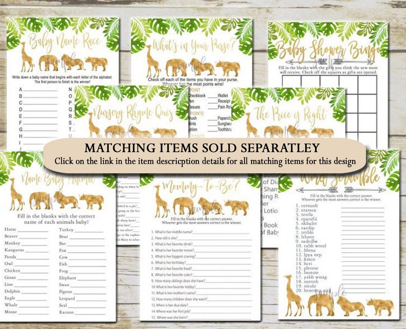 Gold Safari Baby Shower Bingo Game, Safari Greenery Elephant Baby ...