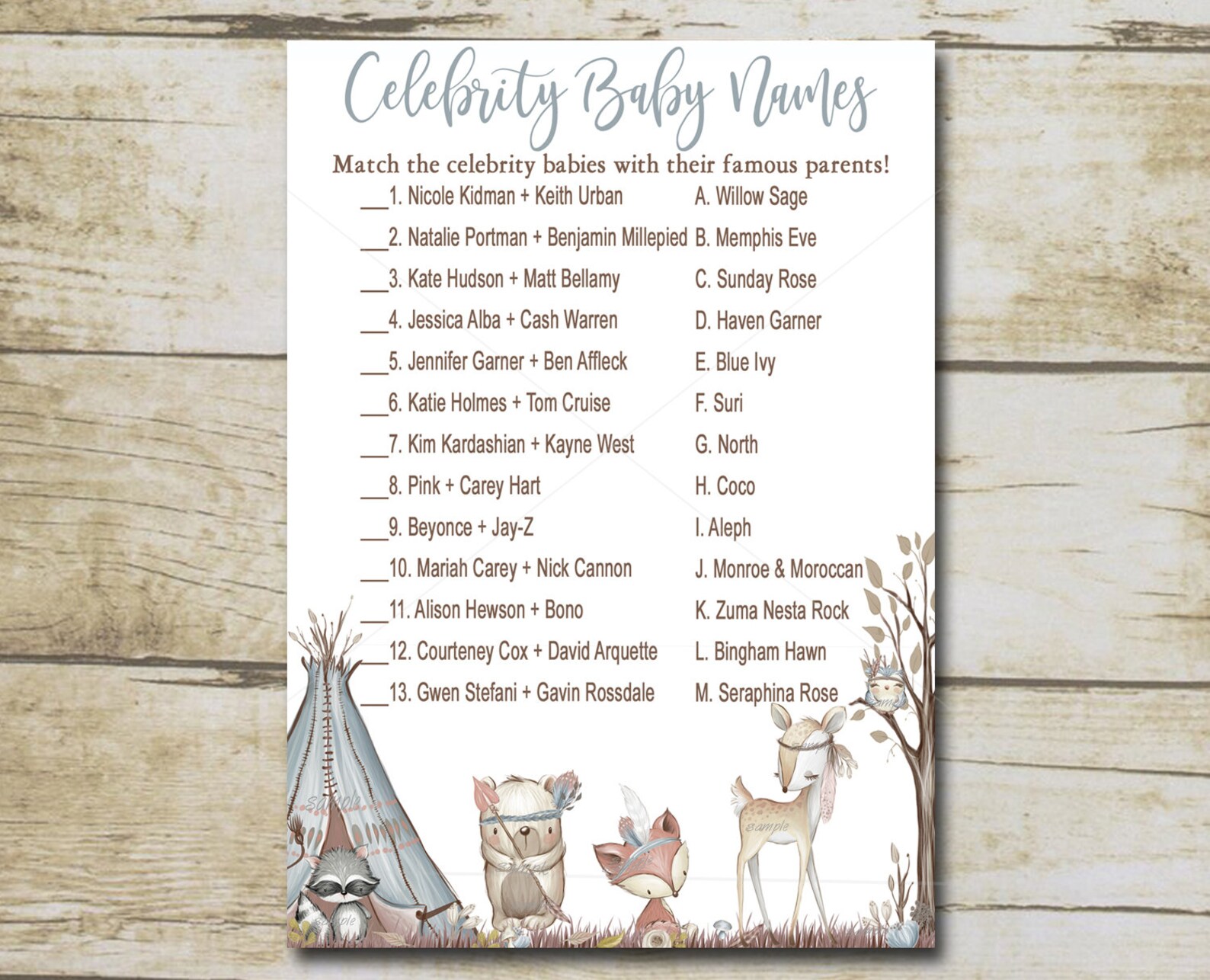 Boy Woodland Baby Shower Game Celebrity Baby Names Game Boho | Etsy