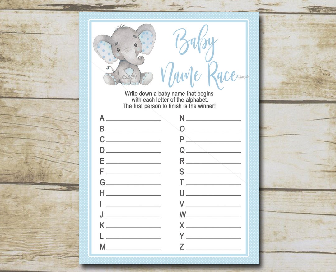 Boy Elephant Baby Shower, Baby Names Race Game, Blue Elephant Safari ...
