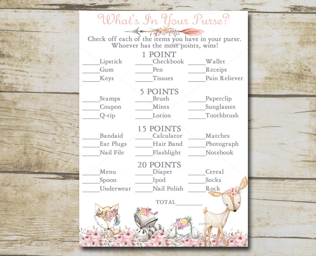Girl Woodland Baby Shower Game, Whats in Your Purse Game, Pink Boho ...