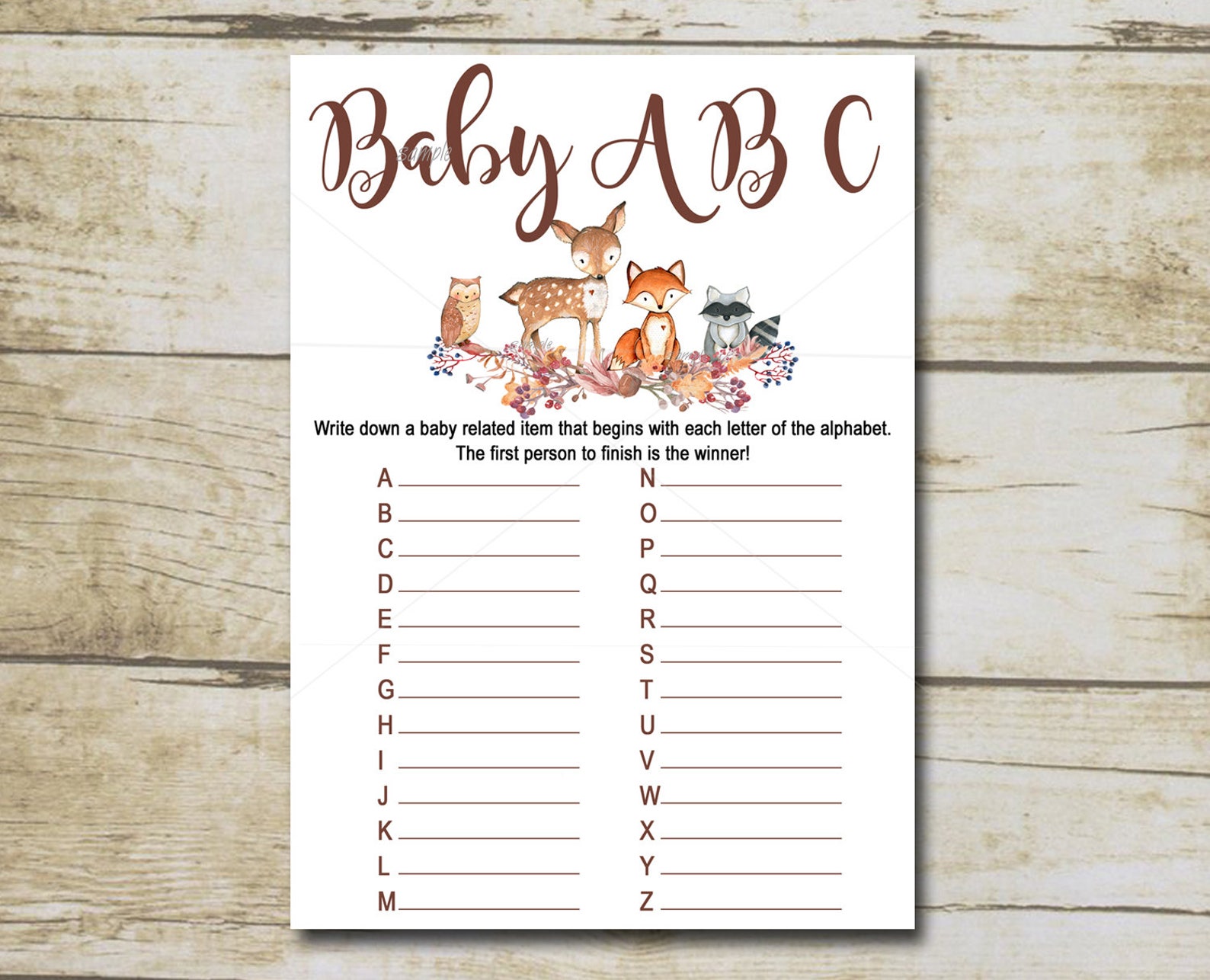 Woodland Baby Shower Game, Baby Abc's Game, Woodland Forest Animals ...