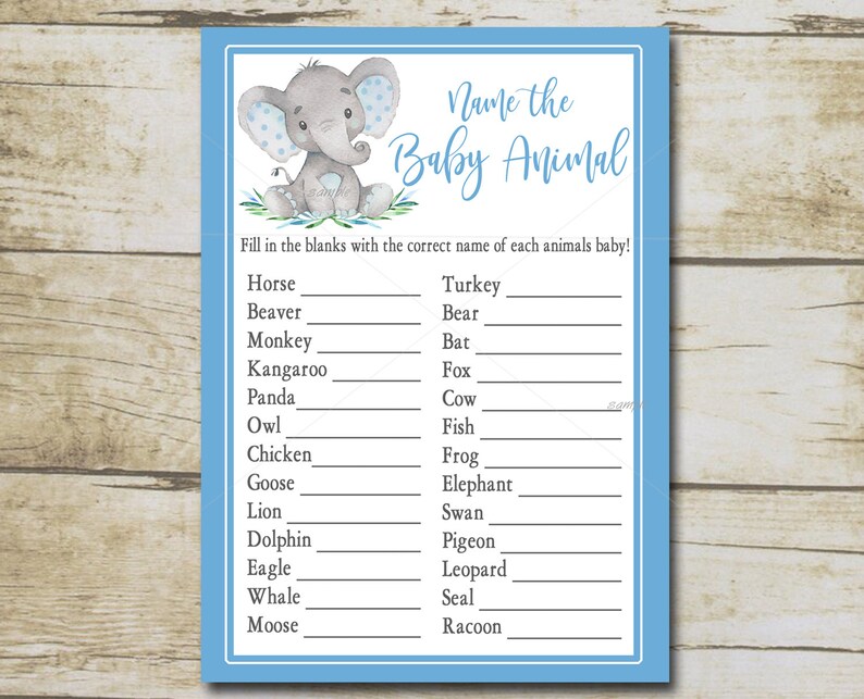 Elephant Baby Shower Game, Name the Baby Animals, Blue Boy Safari Baby ...