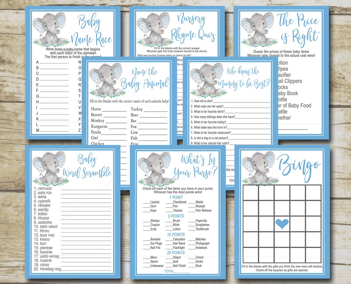 Blue Boy Elephant Baby Shower Game Package Set 8 Printable - Etsy