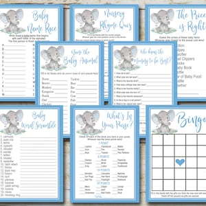 Blue Boy Elephant Baby Shower Game Package Set, 8 Printable Elephant ...