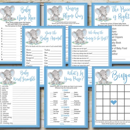 Blue Boy Elephant Baby Shower Game Package Set 8 Printable | Etsy