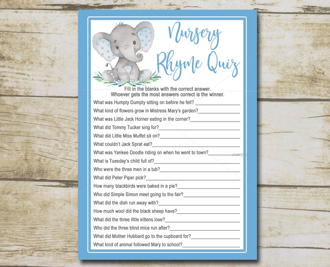 Elephant Baby Shower Game, Nursery Rhyme Quiz Game, Blue Elephant Boy ...