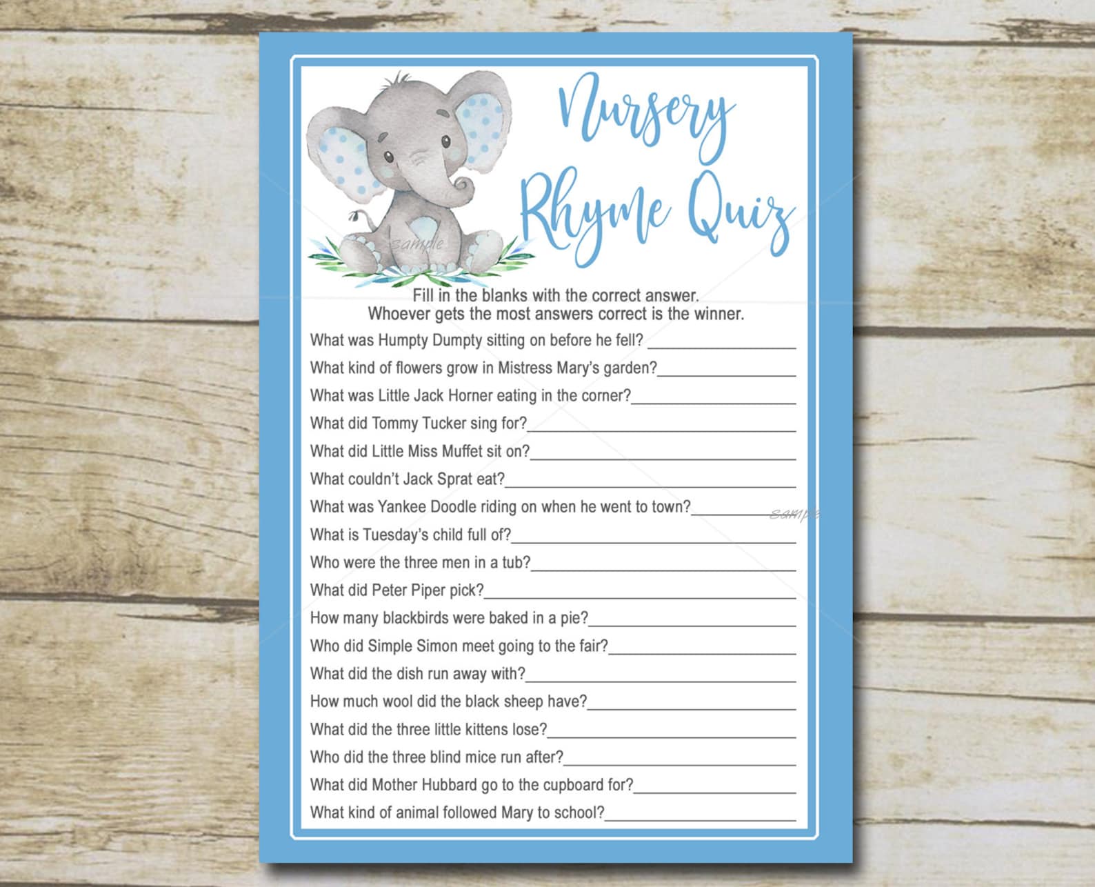 Elephant Baby Shower Game Nursery Rhyme Quiz Game Blue - Etsy