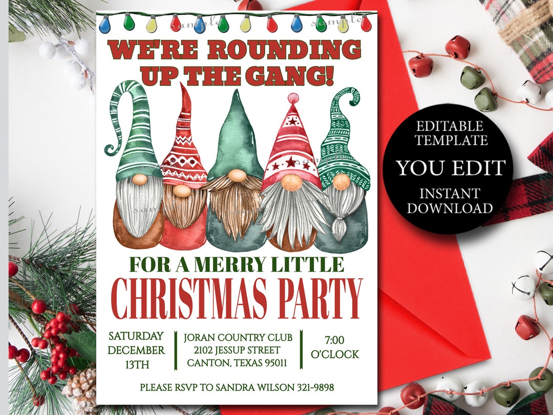 Gnomes Christmas Party Invitation, Editable Invite Template, Fun ...