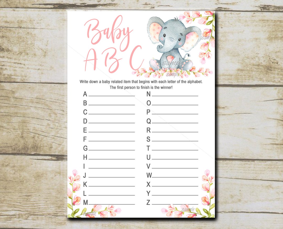 Elephant Baby Shower Game, Baby Abc's Game, Pink Elephant Girl Baby ...