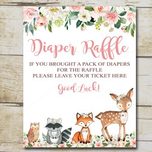 Woodland Diaper Raffle Card Insert and Sign, Girl Pink Floral Boho Baby ...