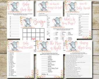 Girl Elephant Baby Shower Game Package Set 8 Printable Pink | Etsy