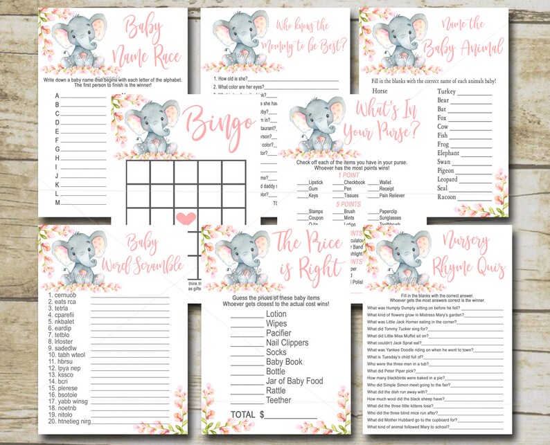 Elephant Baby Shower Games Package set 8 Printable Girl pink | Etsy