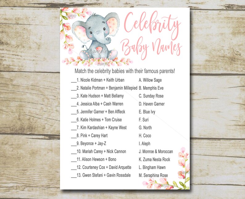 Elephant Baby Shower Game Celebrity Baby Names Game Pink - Etsy