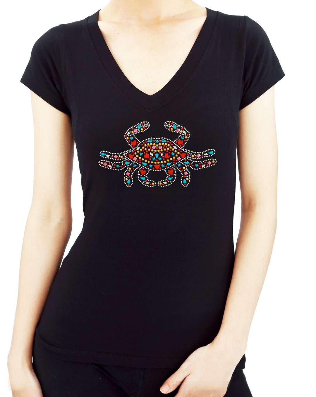 Beautiful Jewel Crab Rhinestone Stud Woman Tshirts Girl Top Tee Lady ...