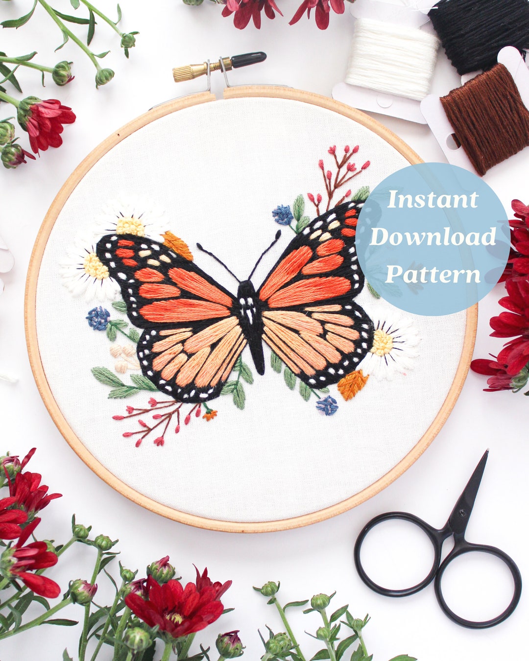 Monarch Embroidery Pattern, Hand Embroidery, Botanical Embroidery ...