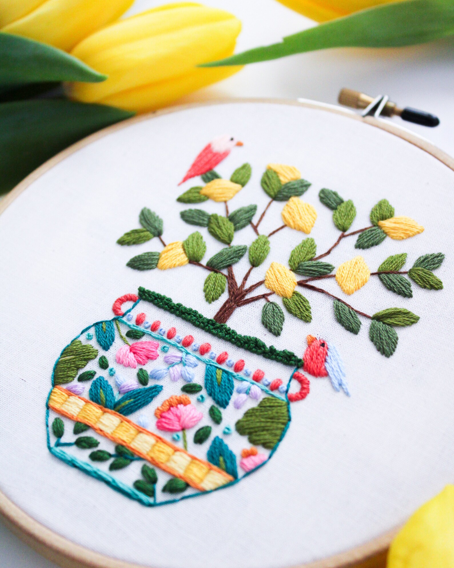 Potted Lemon Tree Embroidery Pattern, Bird Embroidery, Beginner ...