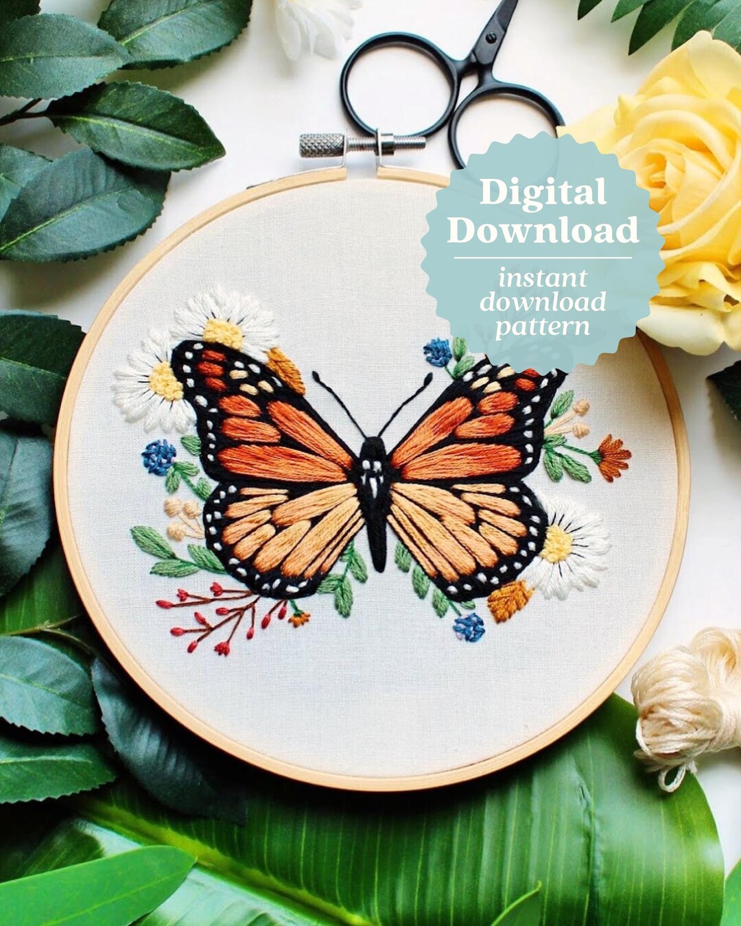 Monarch Embroidery Pattern, Hand Embroidery, Botanical Embroidery ...