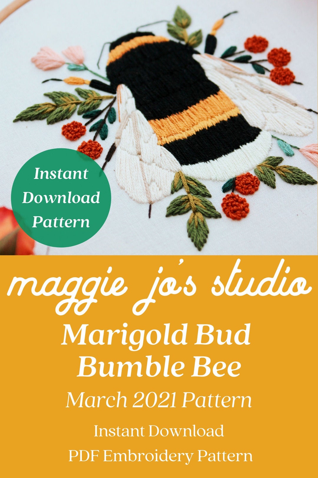 Bumble Bee Embroidery Pattern, Digital Download Embroidery, Spring Craft Embroidery, Summer ...