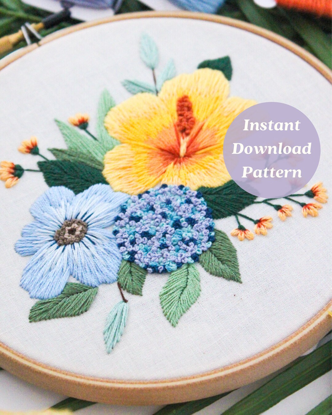 Hibiscus Embroidery Pattern, Beginner Friendly Instructions, Island ...