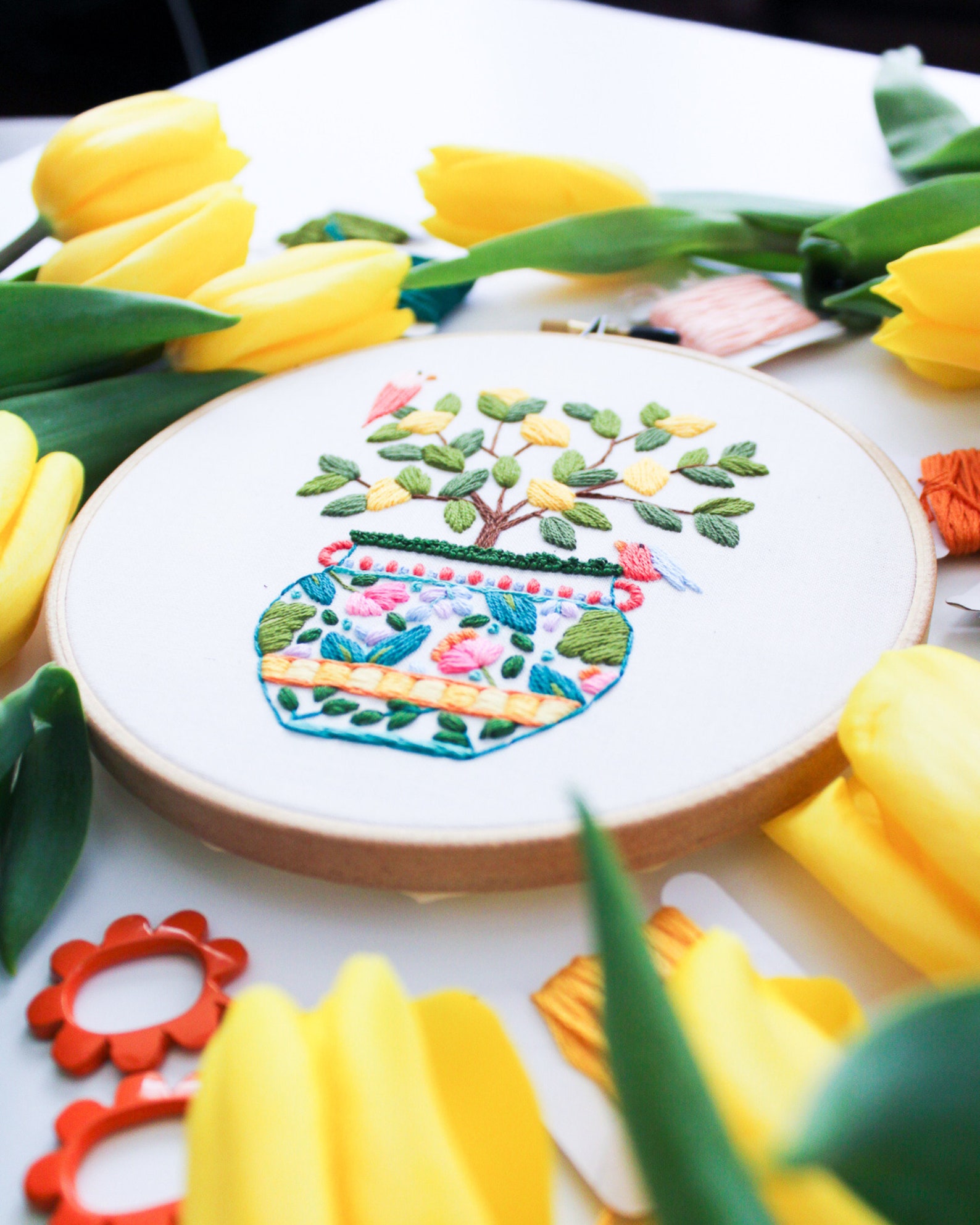 Potted Lemon Tree Embroidery Pattern, Bird Embroidery, Beginner ...