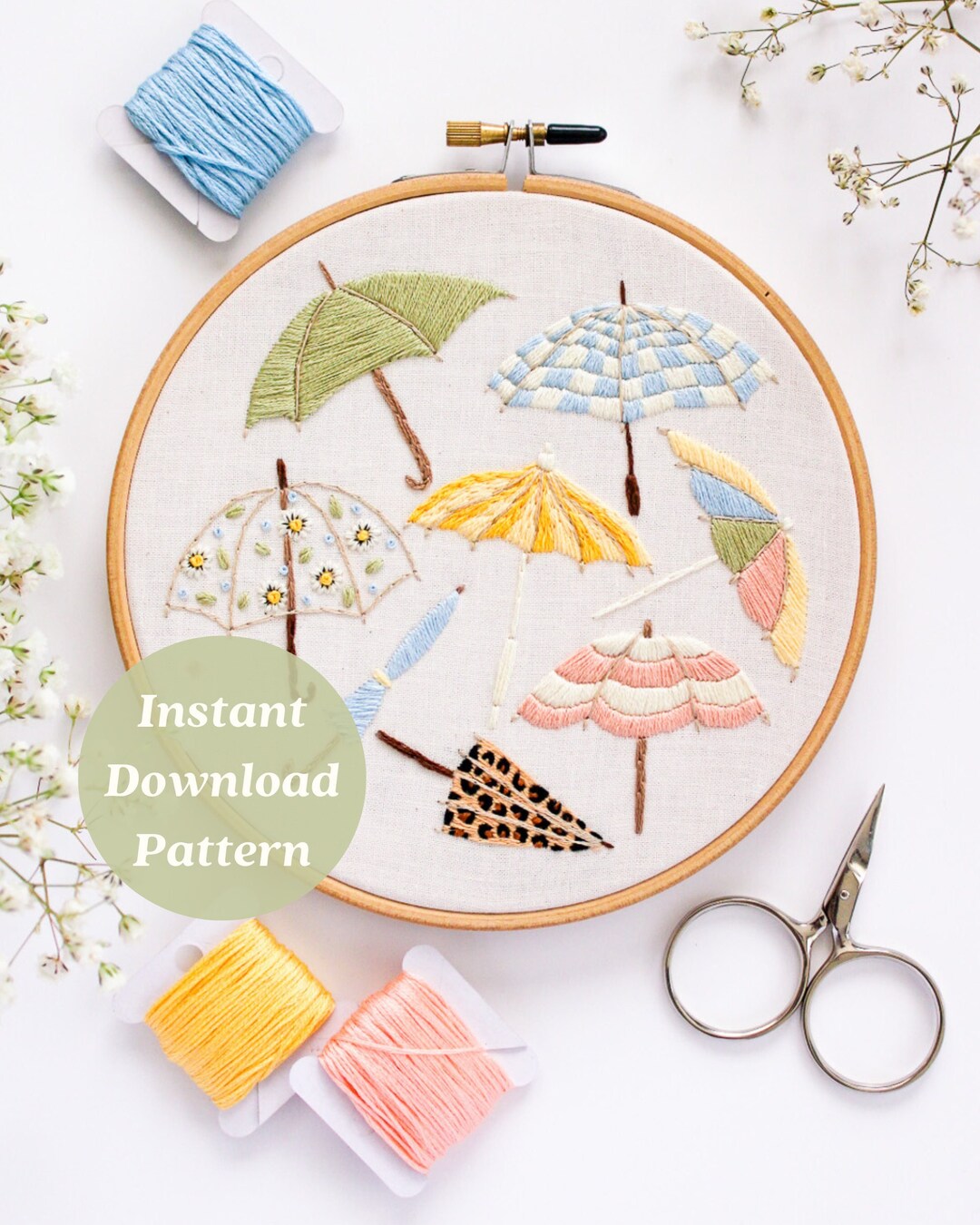 Umbrella Embroidery Pattern, Spring Hand Embroidery Tutorial, Rainy Day ...