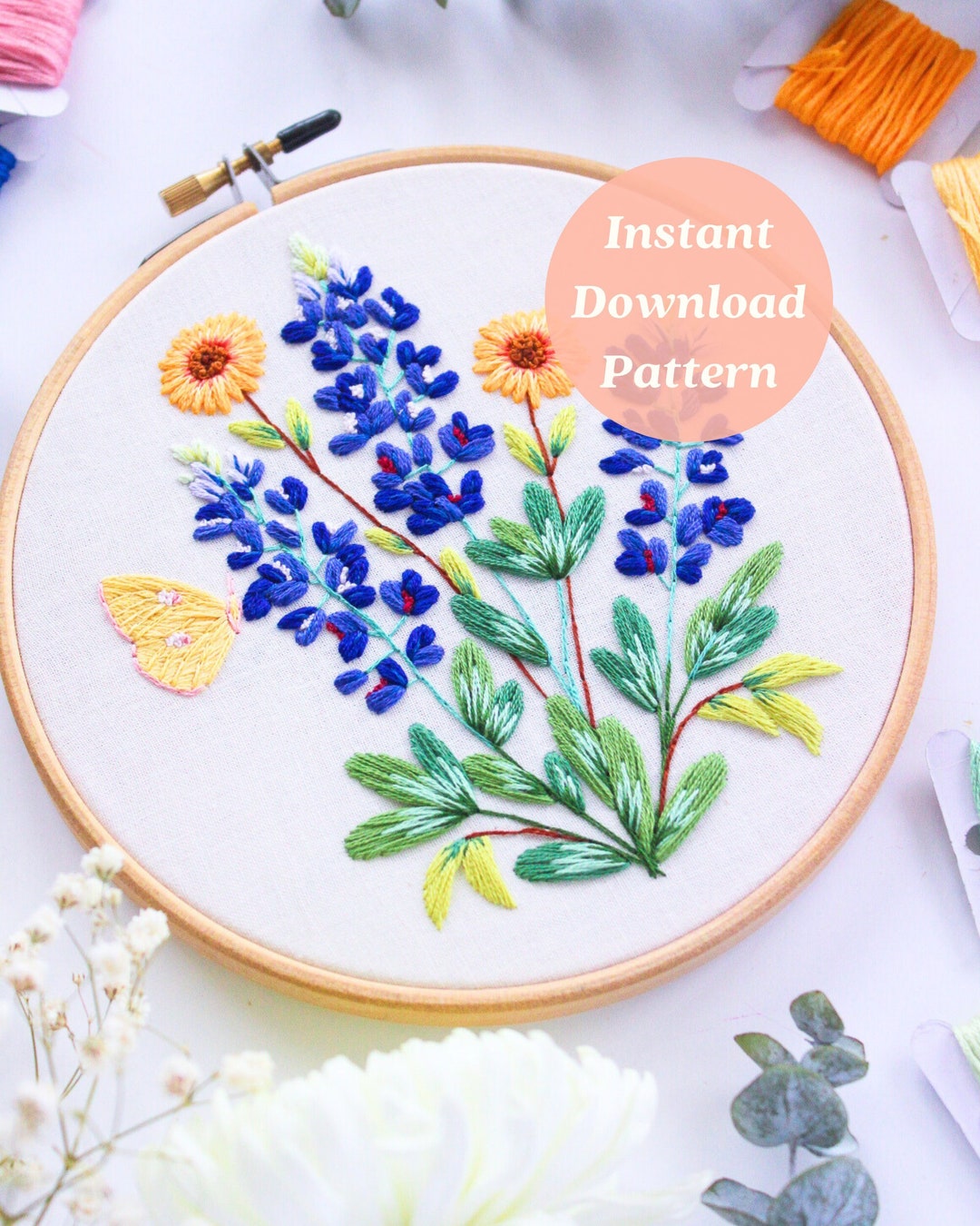 Blue Bonnet Embroidery Pattern, Texas Wildflowers Art, Printable ...