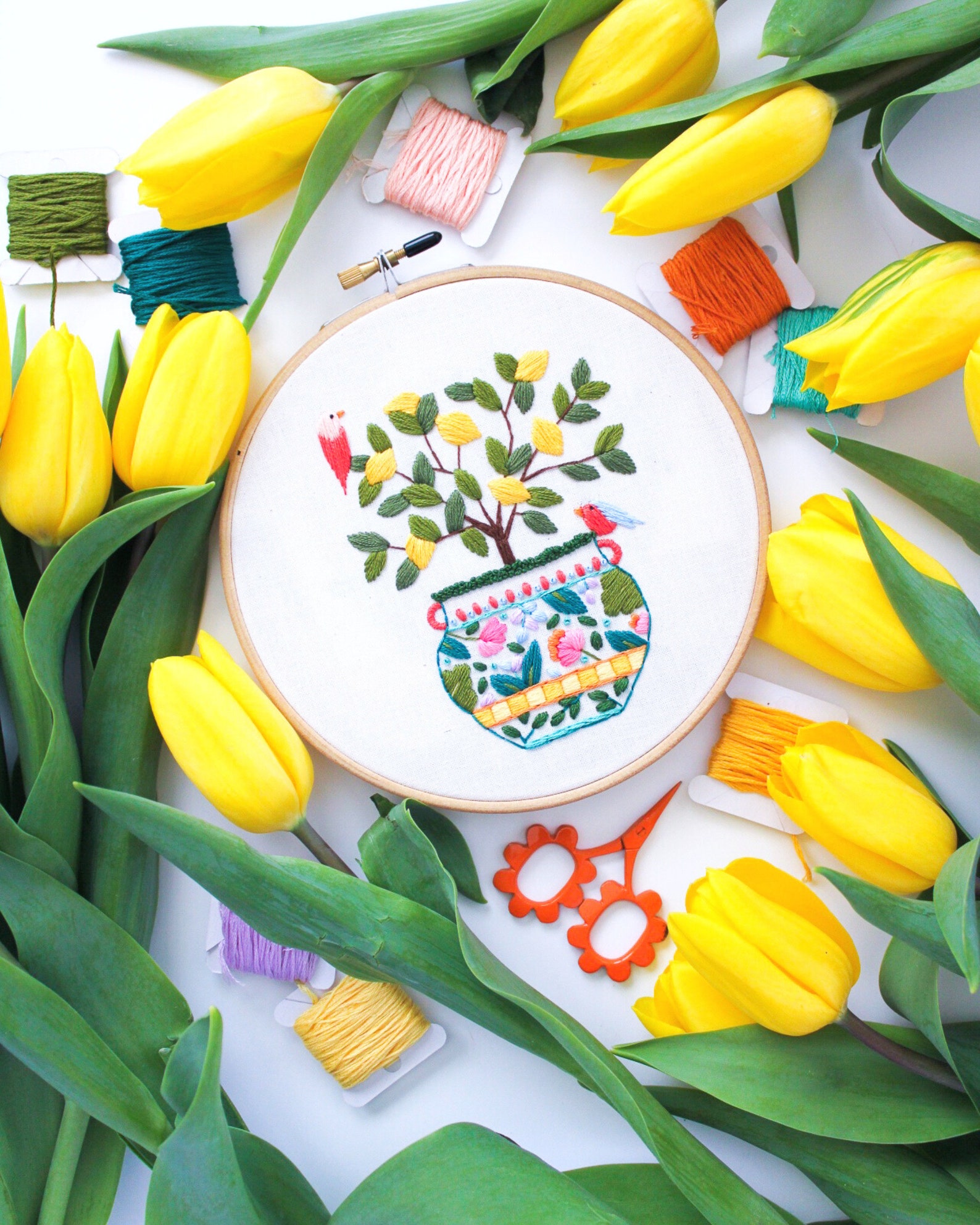 Potted Lemon Tree Embroidery Pattern, Bird Embroidery, Beginner ...