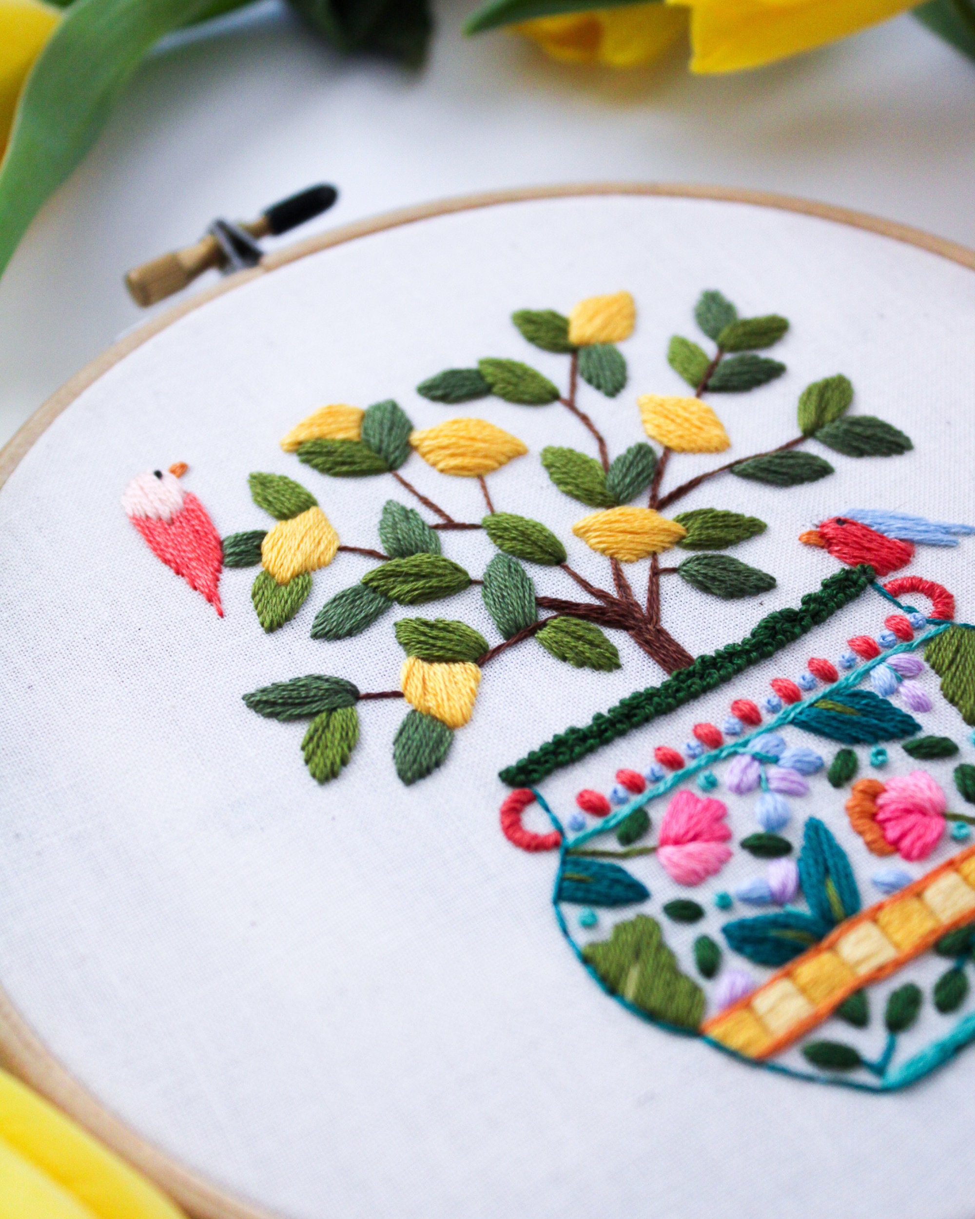 Potted Lemon Tree Embroidery Pattern, Bird Embroidery, Beginner ...