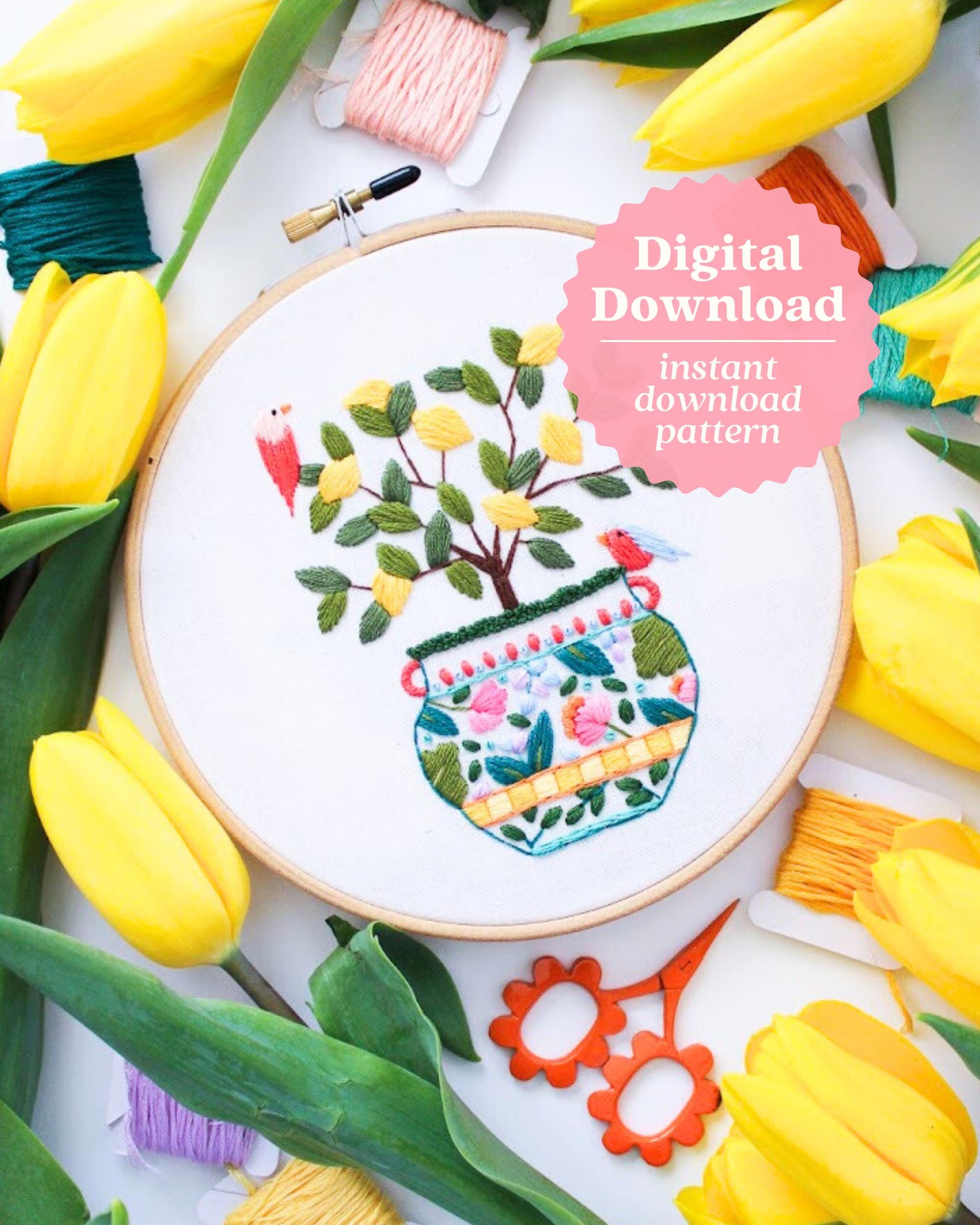 Potted Lemon Tree Embroidery Pattern, Bird Embroidery, Beginner ...