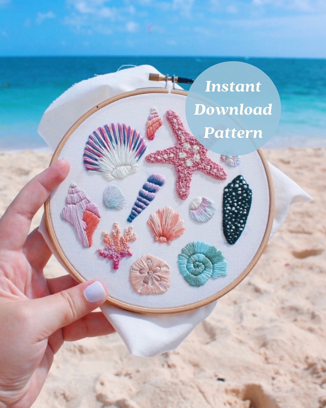 Seashell Embroidery Pattern, Intermediate Tutorial, Beach Hand ...