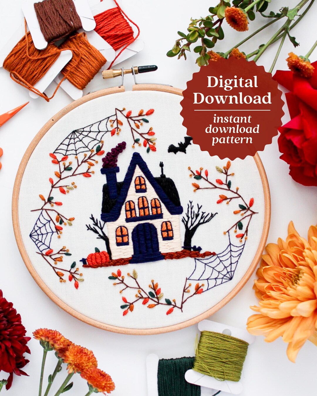Haunted House Pattern, Hand Embroidery Art, Halloween Craft, Fall PDF ...