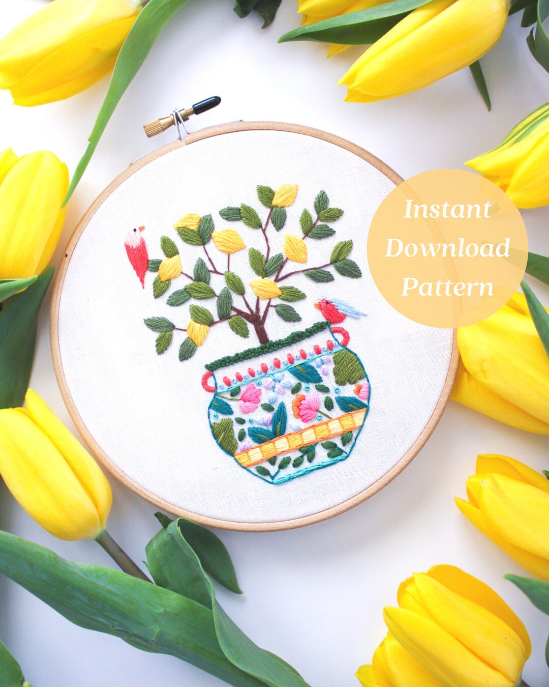Potted Lemon Tree Embroidery Pattern, Bird Embroidery, Beginner ...