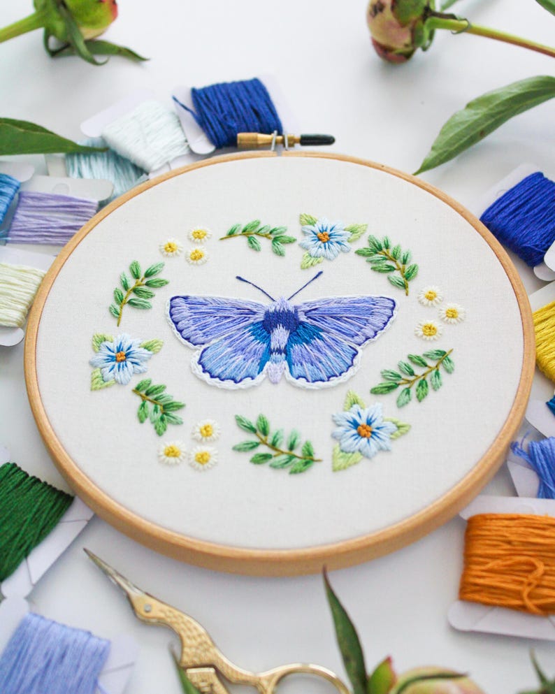 Blue Butterfly Embroidery Pattern, Handmade Embroidery, Printable ...