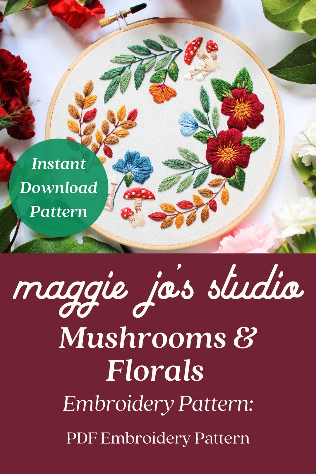 Mushroom and Florals Embroidery Pattern, Autumn Embroidery Pattern ...