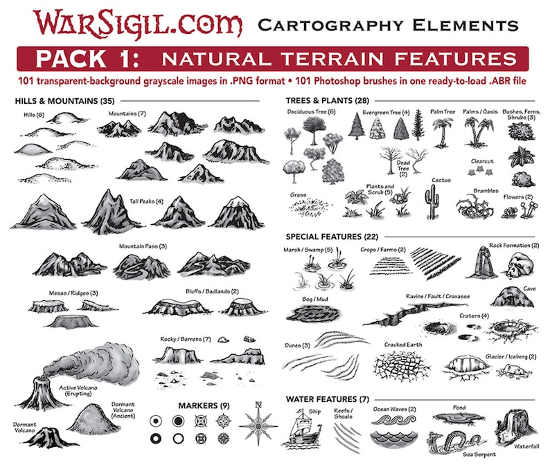 Cartography Elements Pack 1: Clip-art and Photoshop Brushes, 101 Images ...