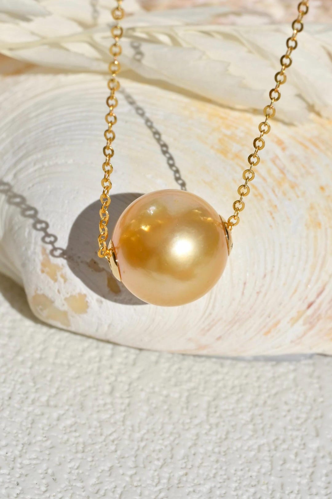 12.2mm Golden South Sea Pearl Floating Necklace: Solid 18K Gold Pin-end ...