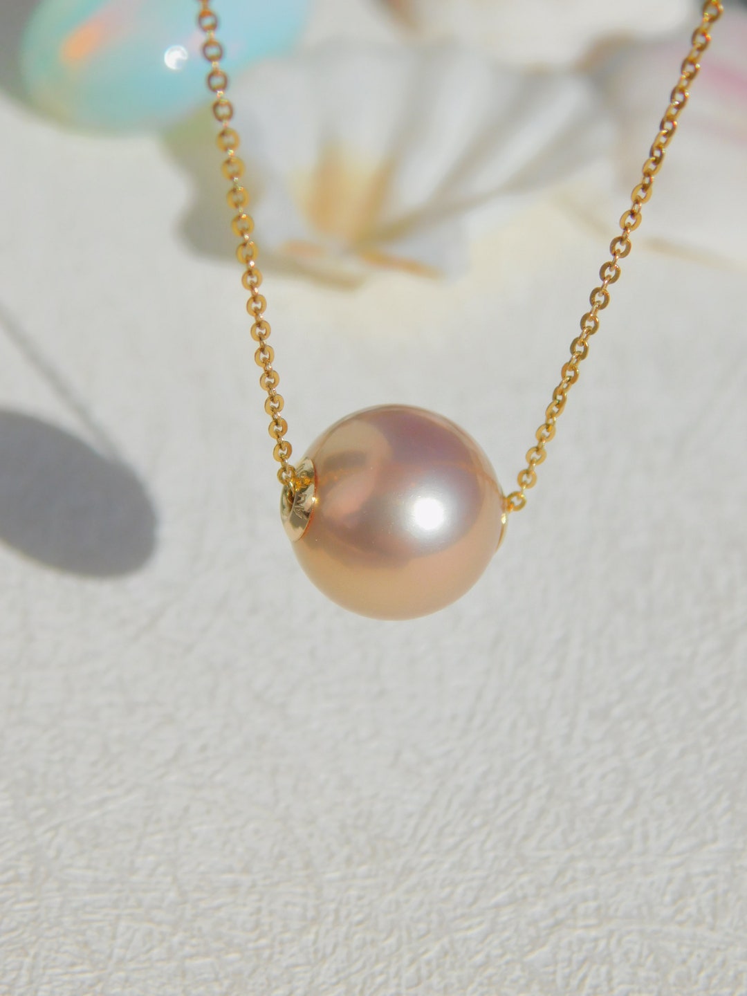 11.4mm Pastel Golden Blush Floating Pearl Necklace | Metallic | AAA+ ...