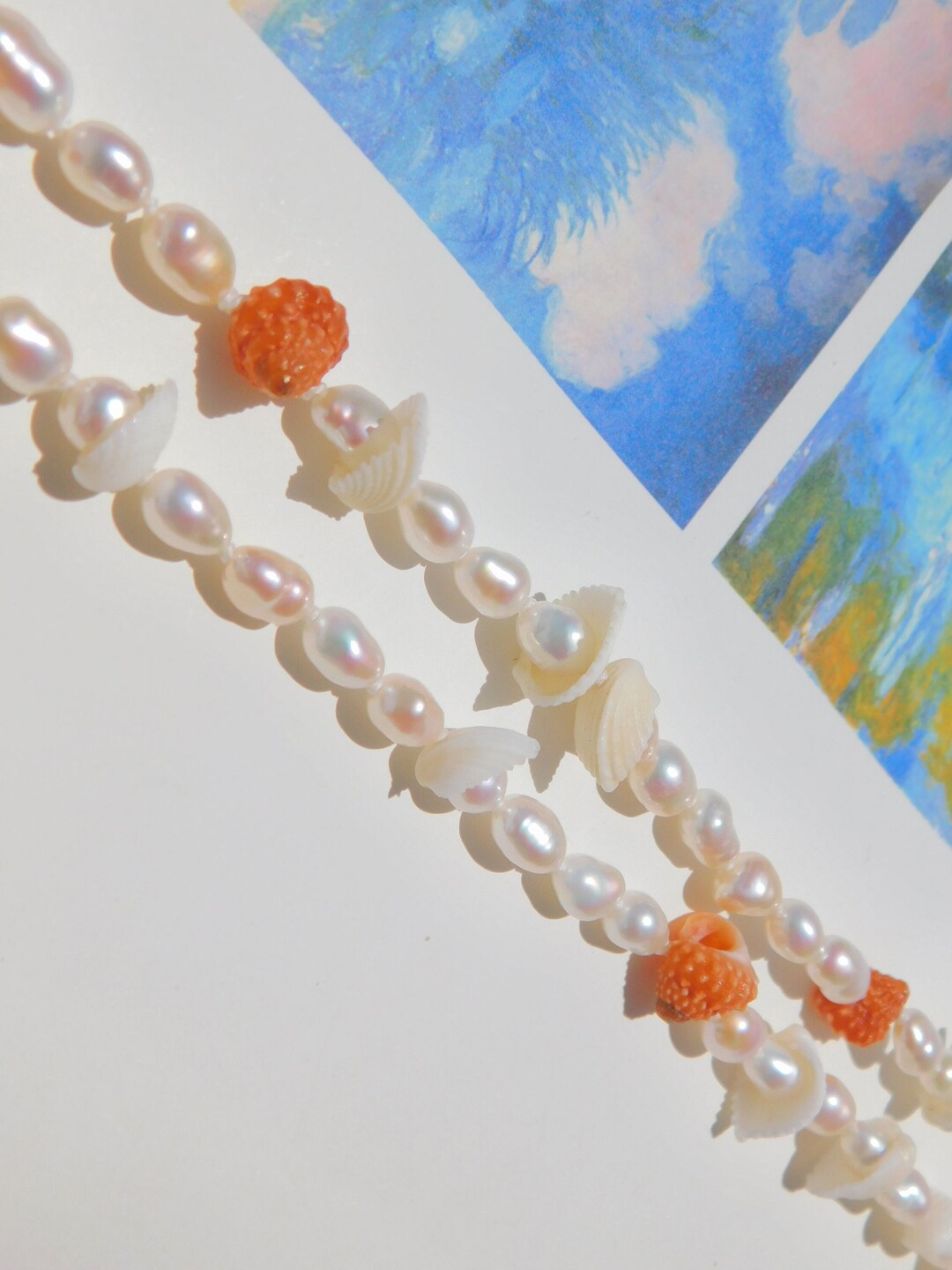 Freshwater Keshi Pearl and Seashells Necklace | AAA+ | White | Pink ...