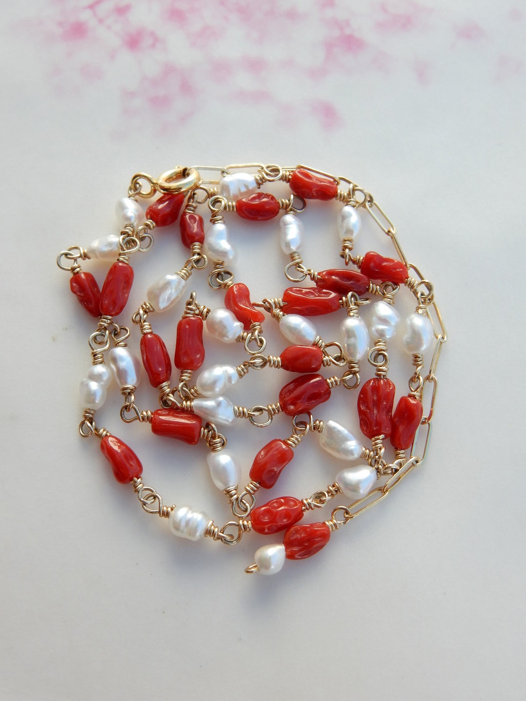 Akoya Keshi Pearl With Coral L Necklace | Gold-filled Wire Work | White ...