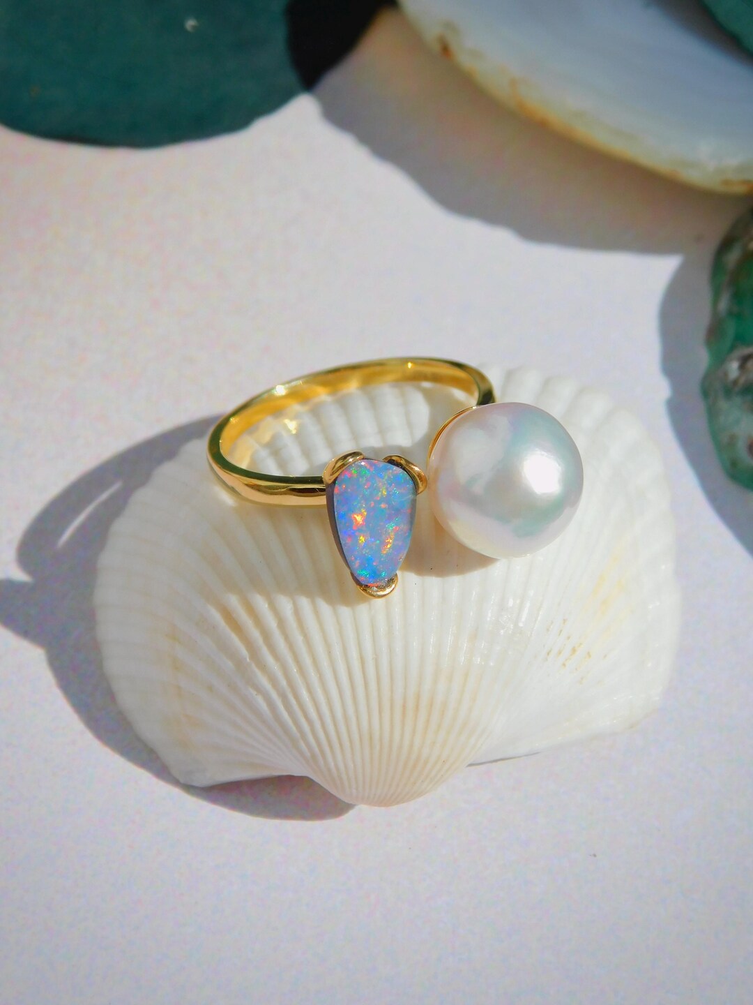 9.8mm Akoya Pearl and Opal Ring | Australian Doublet Opal | AAA | Open ...