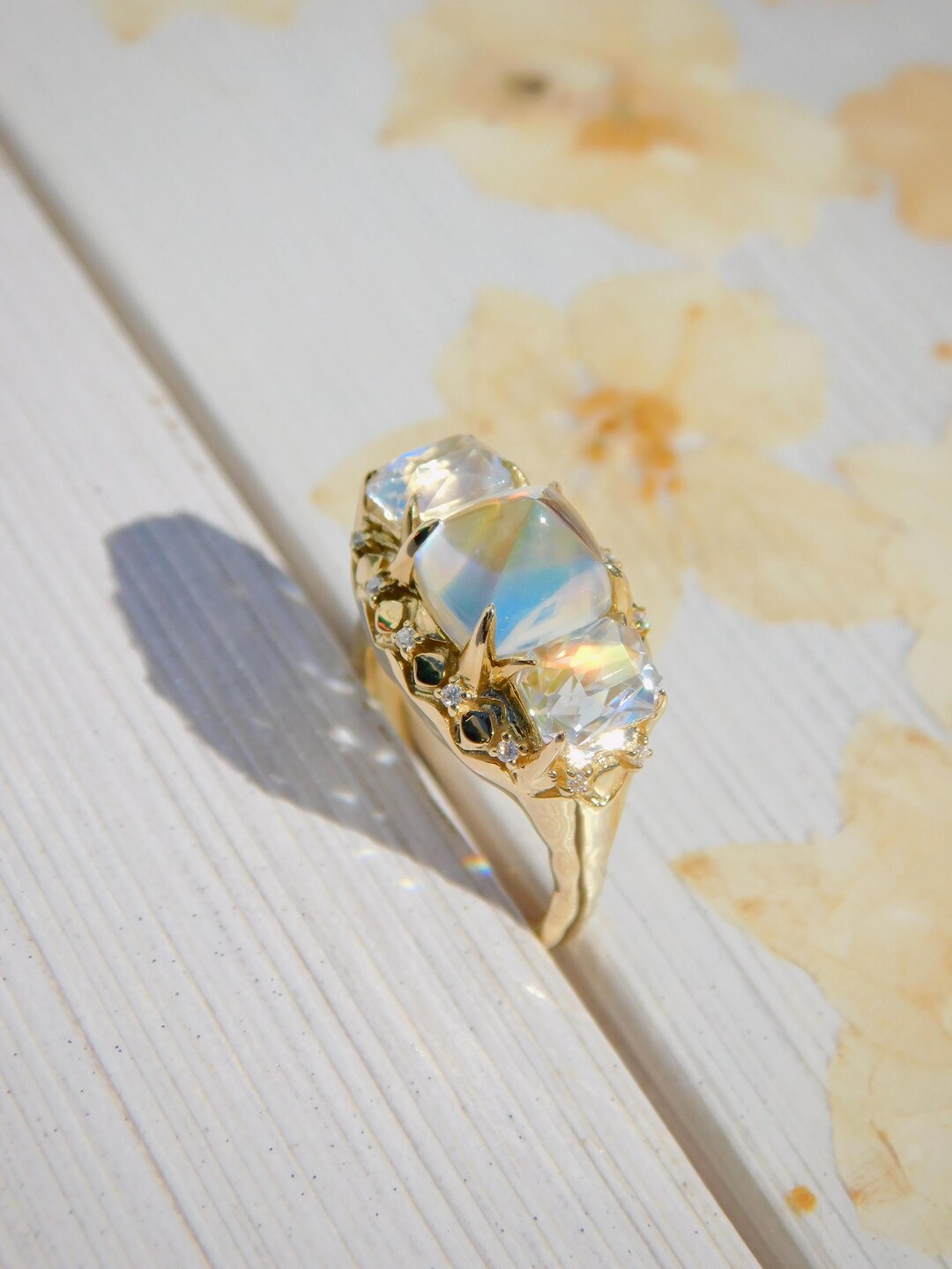 Three Stone Ring | Golden Rainbow Moonstone | Solid 9K Gold Ring ...