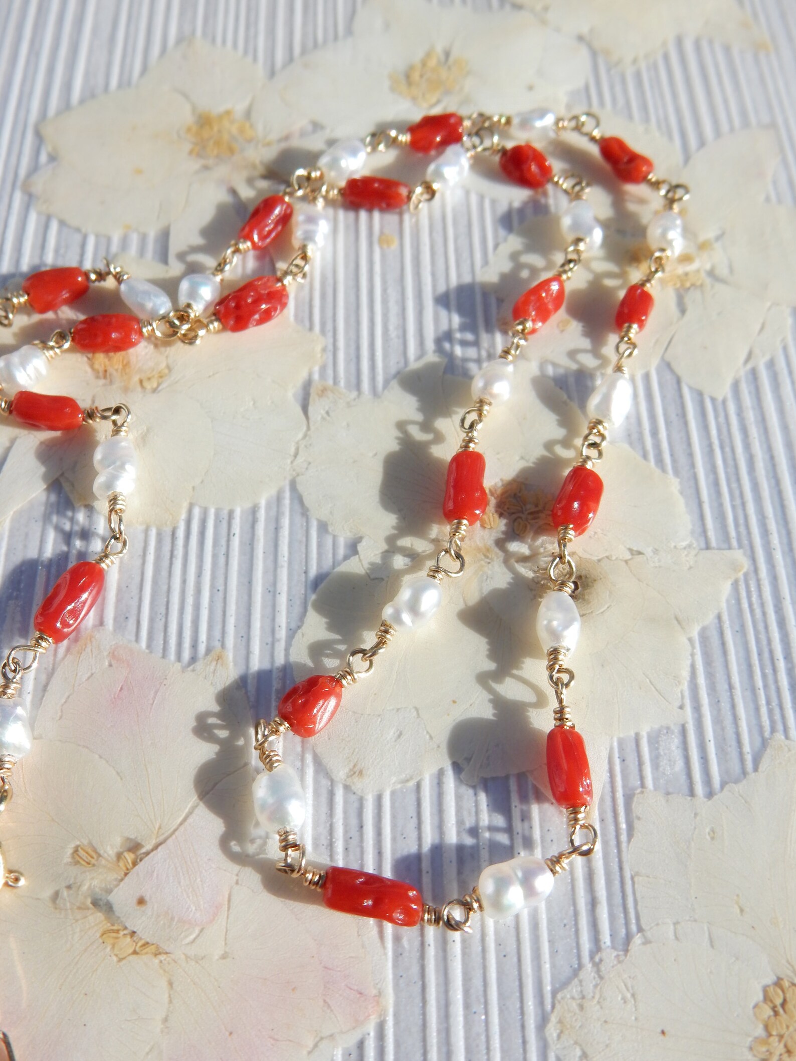 Akoya Keshi Pearl With Coral L Necklace | Gold-filled Wire Work | White ...