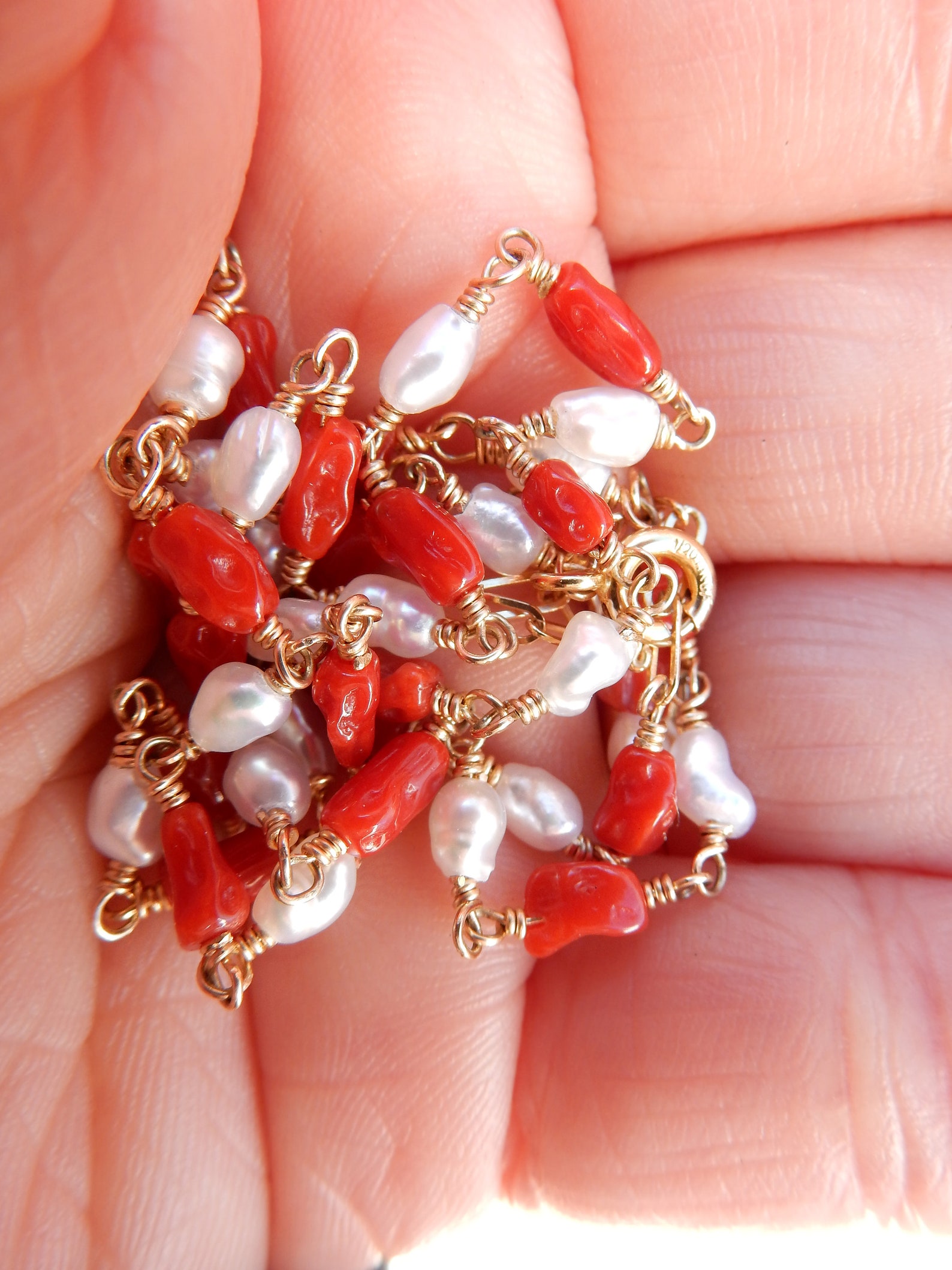 Akoya Keshi Pearl With Coral L Necklace | Gold-filled Wire Work | White ...