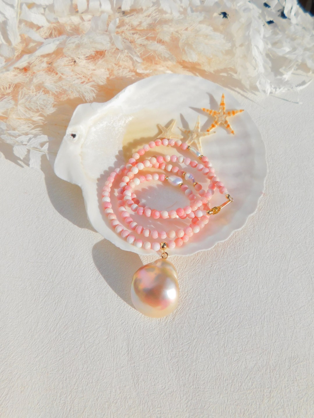24.5 Inches Baby Pink Queen Conch Shell Pendant Necklace | Pale Pink ...
