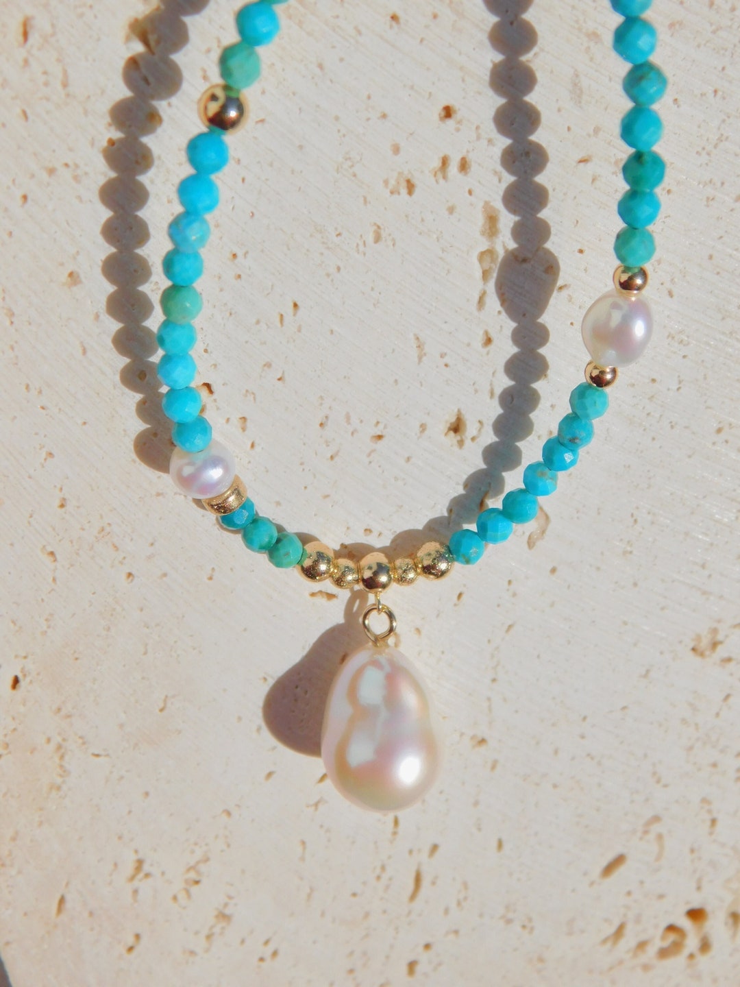 Turquoise Freshwater Pearl Pendant Necklace | Keshi Pearls | Green ...